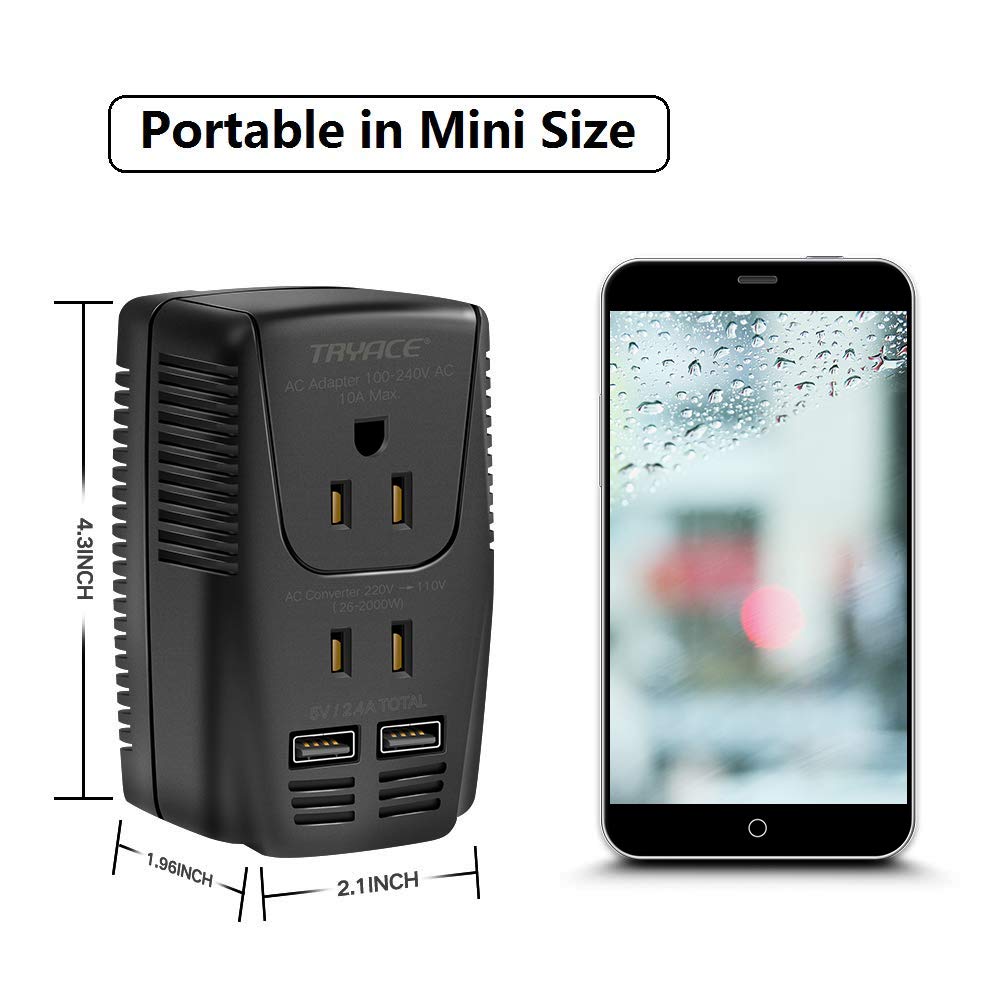 Upgraded 2000W 220V to 110V Voltage Converter Step Down Voltage for Hair Dryer,Straightener,Curling Iron,Cell Phone Power Converter with 2-Port USB and UK/AU/US/EU 10A Plug Adapter (Black-Write)