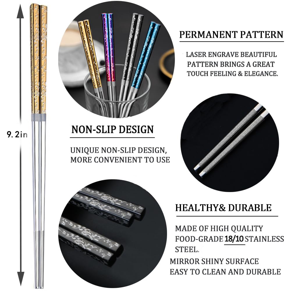 Metal Chopsticks With Case Stainless Steel Chopsticks Titanium Plated Reusable Chopstick lightweight Engraved Non-slip 18/10 Korean Japanese Chinese Chopstick,Dishwasher Safe 5 Pairs Set(BJ-Multi05)