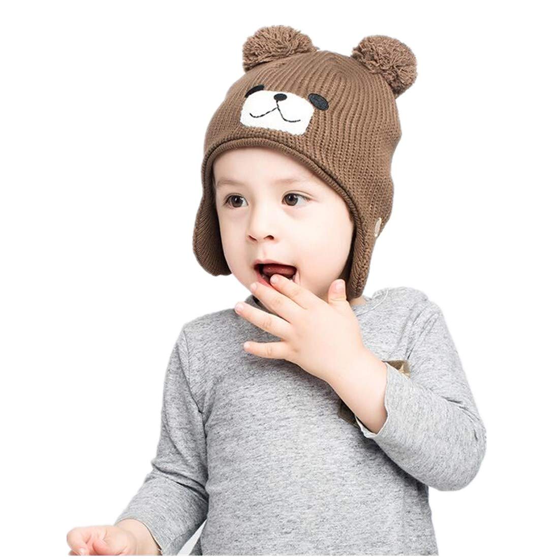 LLmoway Infant Toddler Boys Girls Beanie Kids Winter Fleece Ear Flaps Hat Cotton Knit Pom Cap Coffee