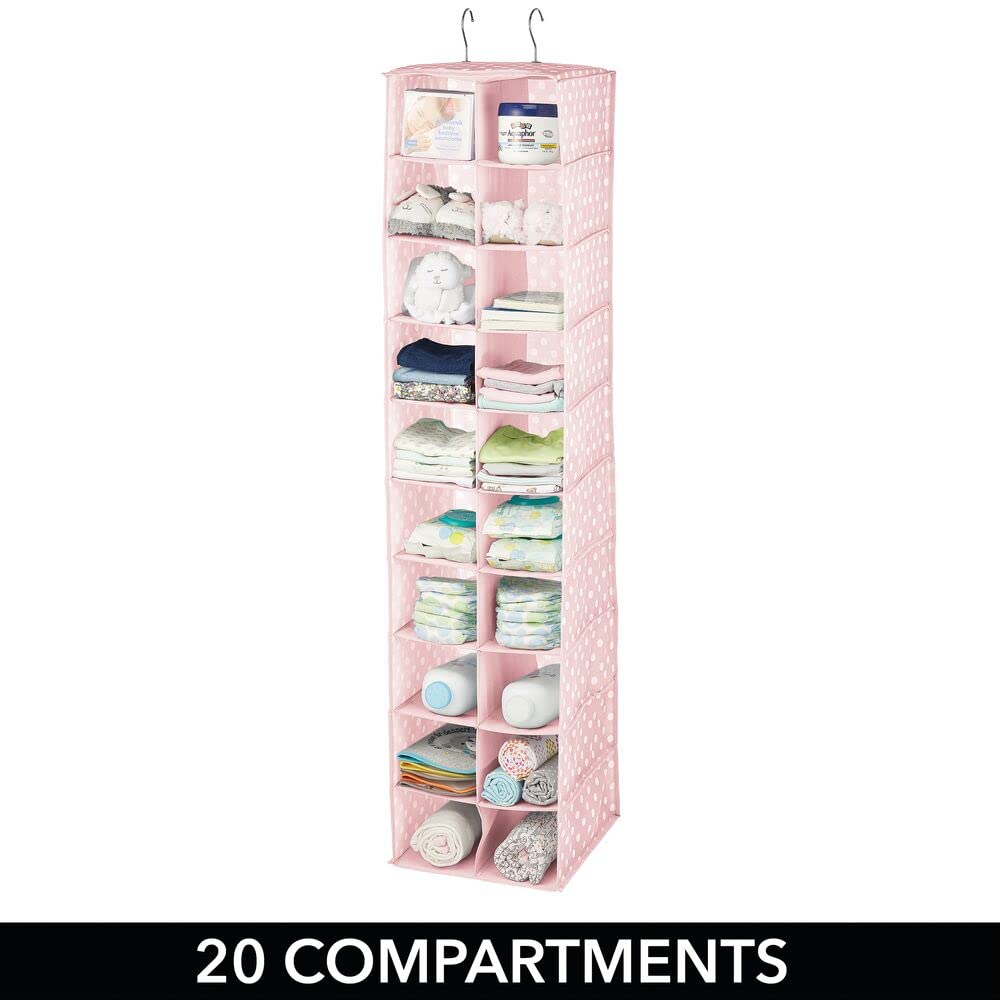 mDesign Soft Fabric Over Closet Rod Hanging Storage Organizer with 20 Shelves for Baby Room or Nursery - Tiered Hanging Organizers - Polka Dot Print - Pink/White