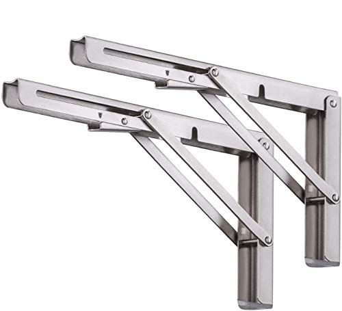 Folding Shelf Brackets 16 Inch, Pynsseu Heavy Duty Stainless Steel Collapsible Wall Mounted Shelf Bracket for DIY Table Work Bench, Space Saving DIY Wall Bracket, 2 Pack