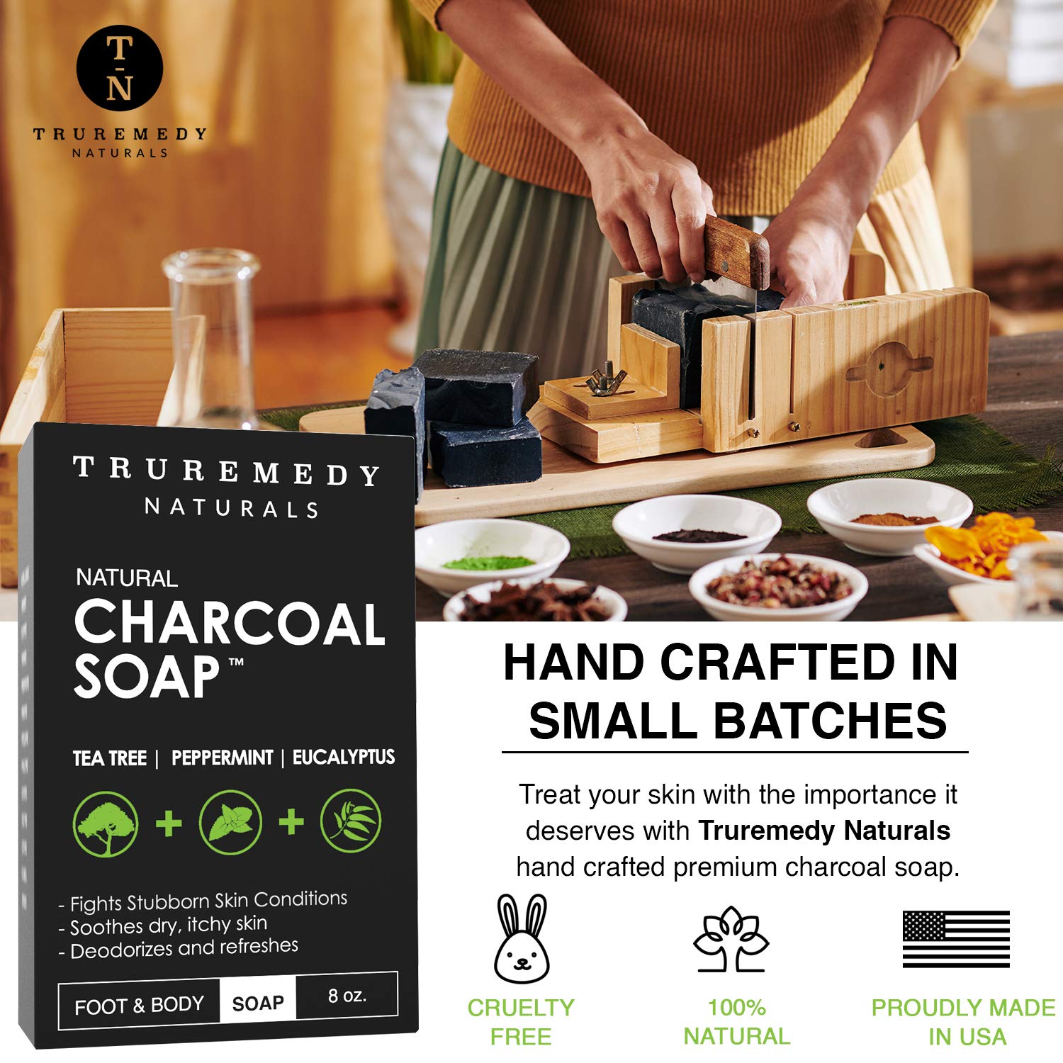 Natural Activated Charcoal Soap Bar (2-Pack) - Hand, Foot & Body Soap - Tea Tree, Peppermint & Charcoal Soap - Vegan, Cruelty Free - Made In USA - 8 Oz