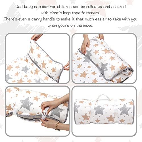 Dad-Baby Toddler Sleeping Bag,Toddler Nap Mat with Removable Blanket and Pillow,Extra Large Rolled Napping Mats,Kids Sleeping Bag for Daycare, Preschool Travel Camping (Stars Pattern)