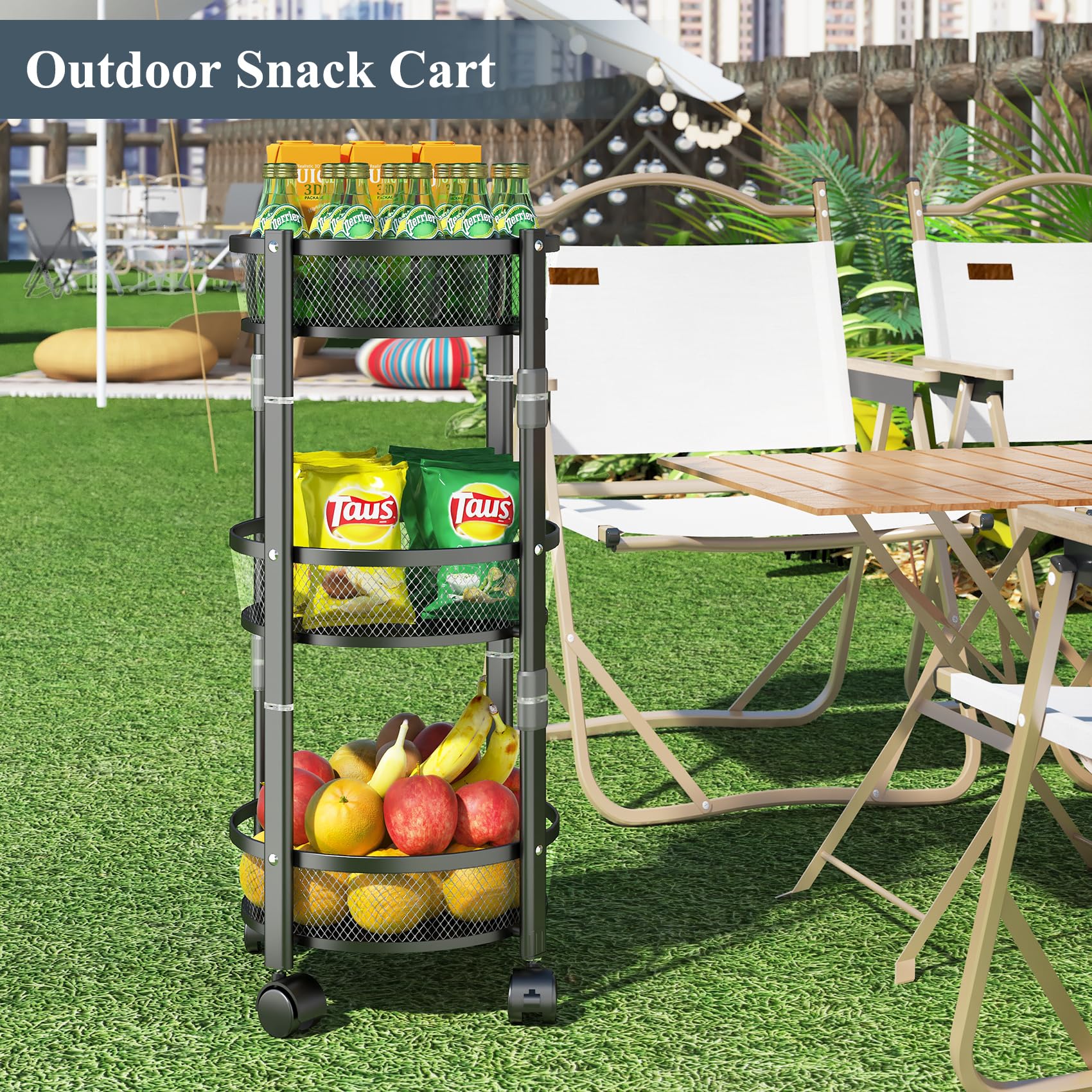 3 Tier Rolling Utility Cart with Wheels - Folding Storage Round Organizer Rack, Collapsible Snack Craft Kitchen Cart