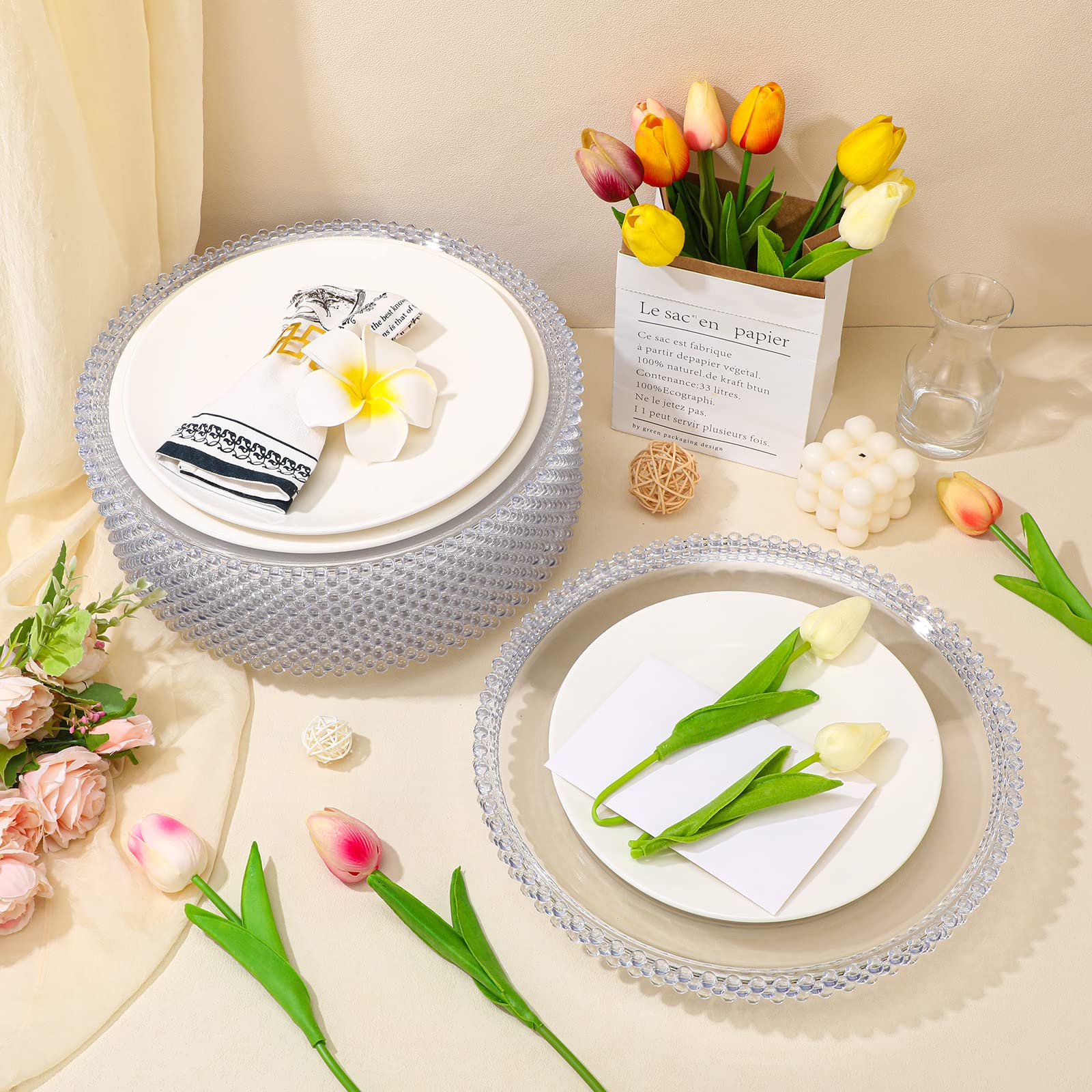 50 Pieces Clear Charger Plates Bulk 13 Inch Plastic Round Dinner Plate with Beaded Rim Acrylic Embossed Dinner Chargers Decorative Plates for Home Kitchen Party Wedding Events Dinner Tabletop Decor