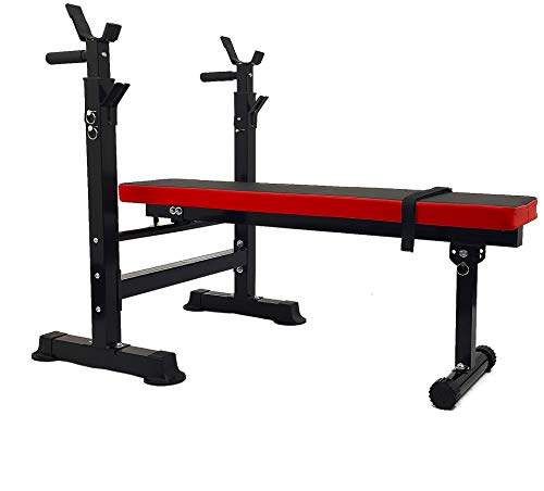 BalanceFrom Adjustable Folding Multifunctional Workout Station Adjustable Olympic Workout Bench with Squat Rack, Black/Red