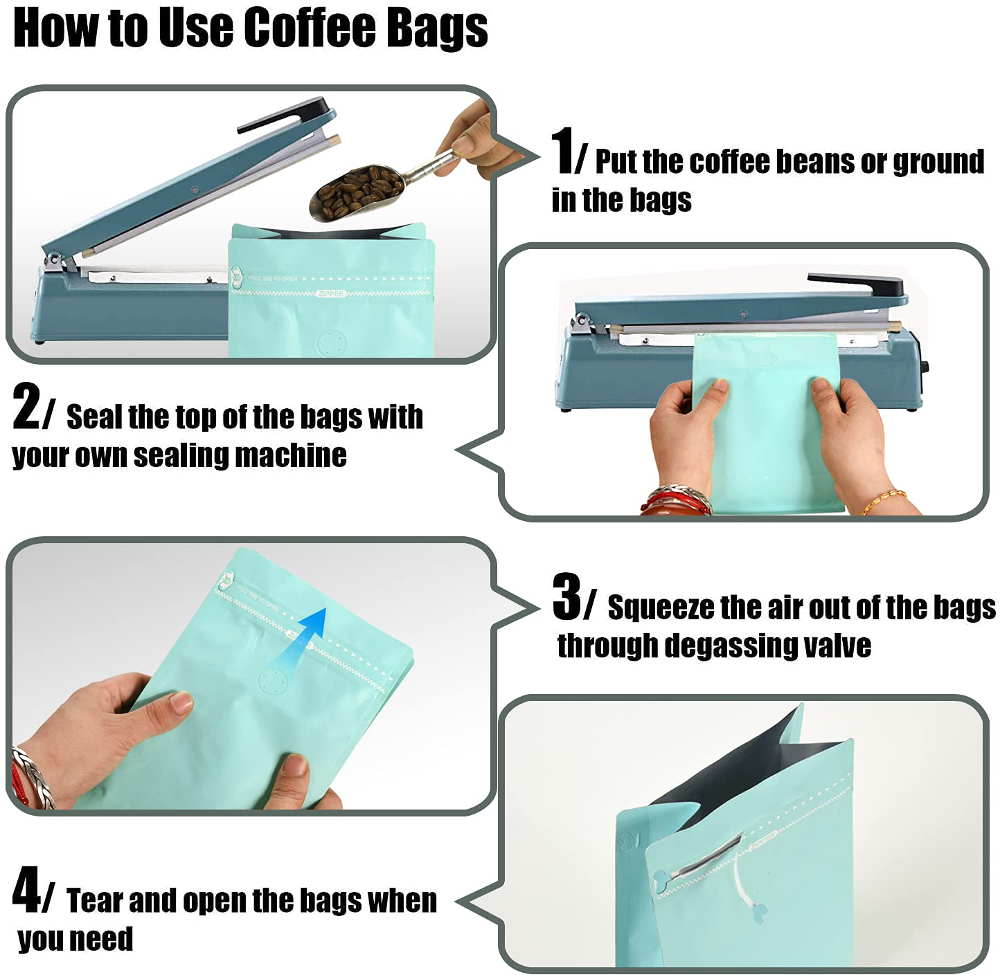 50 Count 8 Ounce Green Blue Kraft Paper Coffee Bags with Air Release Valve, High Barrier Coffee Pouches for Home, Store, Flat Bottom (50pcs/8oz, 0.5lb, 250g)