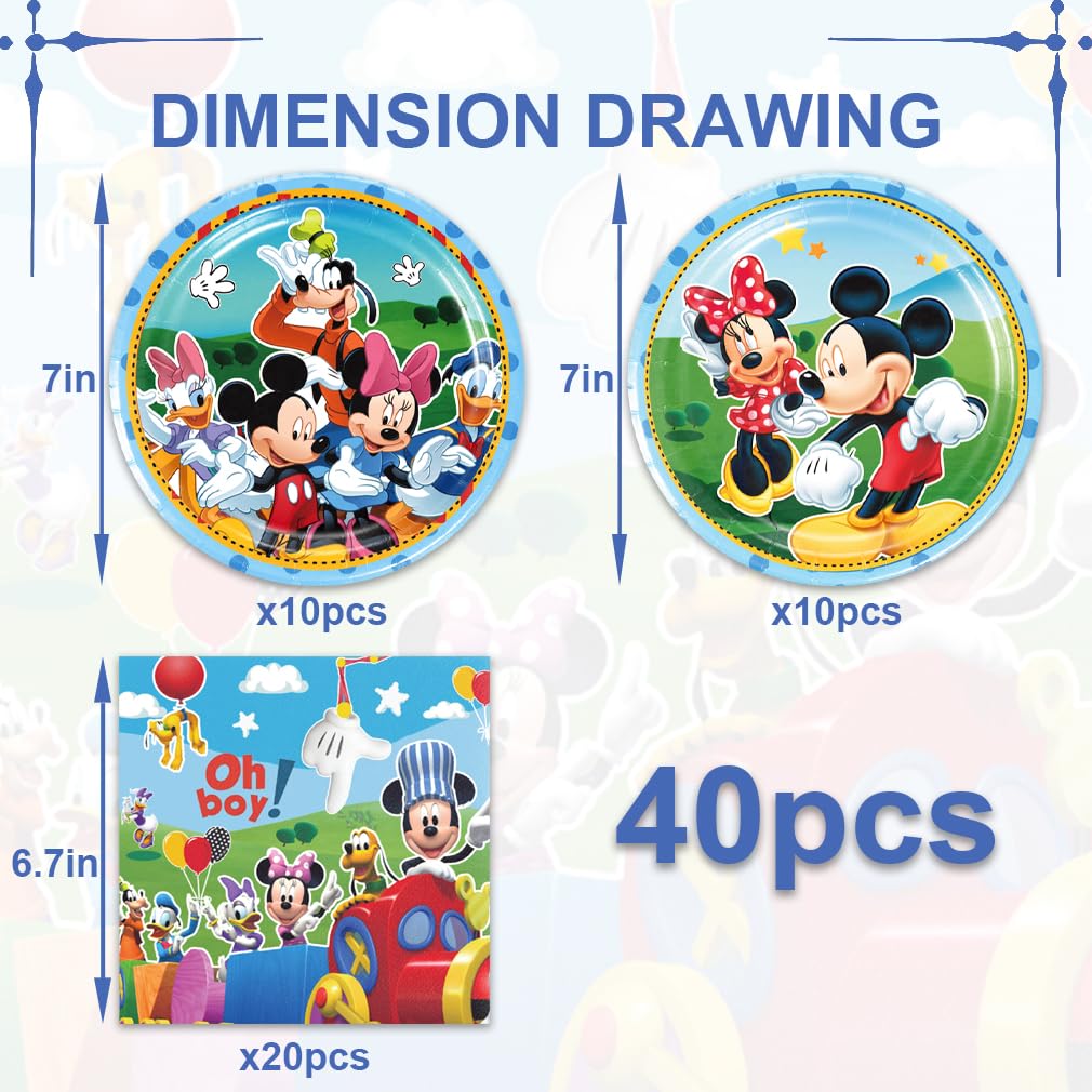 40Pack Mickey birthday Party Supplies include 20 plates, 20 napkins for the Mickey party decoration