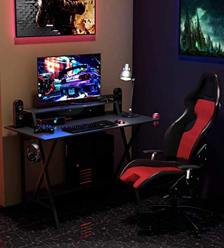 HAPPYGRILL Gaming Desk Home Computer Desk with Cup Holder & Headphone Hook, Professional Gaming Table Gamer Workstation with Built-in Wire-Management