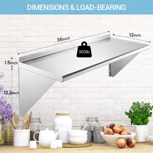 Chingoo Stainless Steel Shelf 12" x 36" - 2 Pack 300 lb Wall Mounted Commercial Stainless Steel Shelves Metal Shelving for Restaurant, Bar, Utility Room, Kitchen and Garage