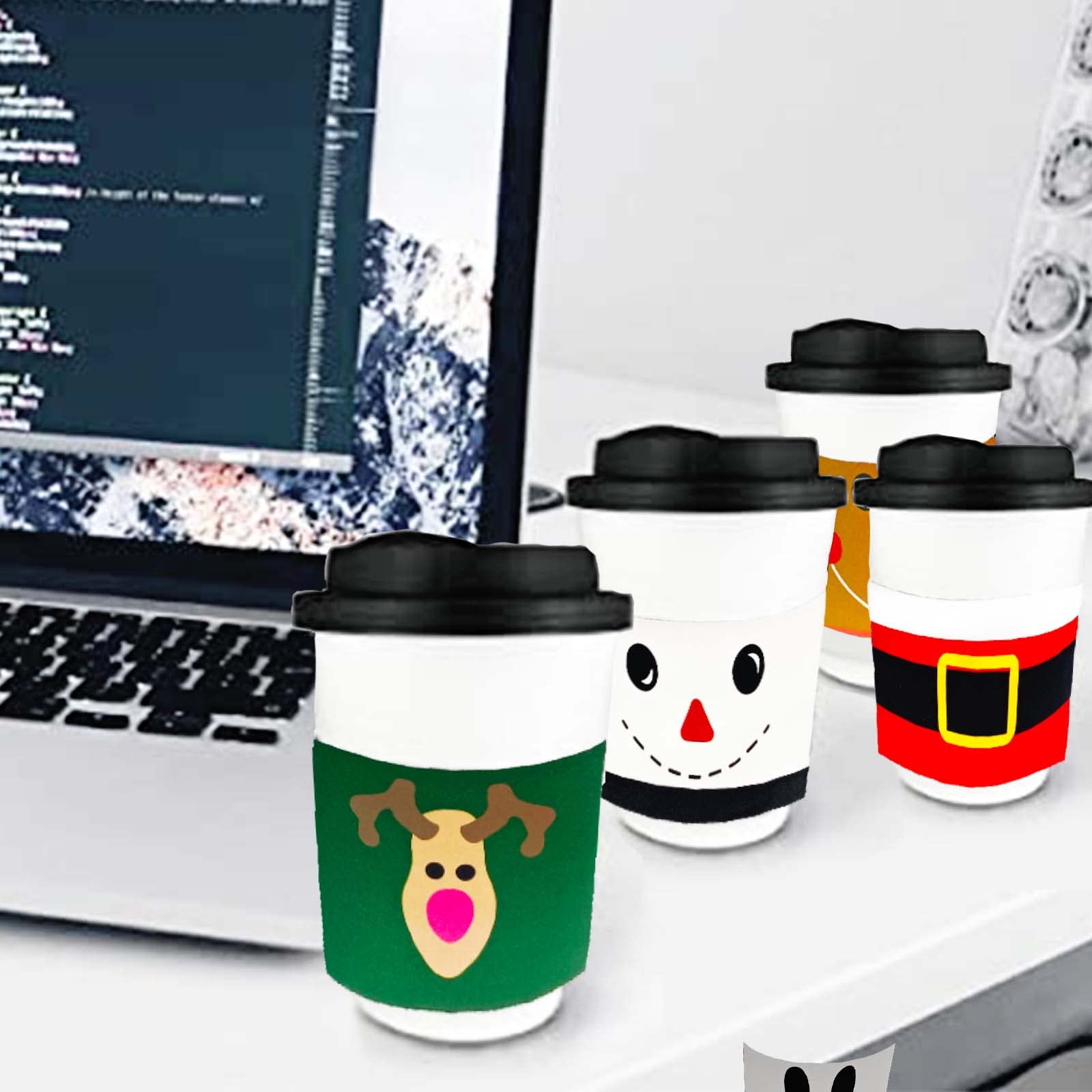 48 PCS Winter Season Coffee Cup Sleeves Pack Kraft Disposable Paper Cup Sleeves 6 Designs for 12 and 16oz Corrugated Cup Paper Jacket for Hot Chocolate Cocoa or Cold Beverage
