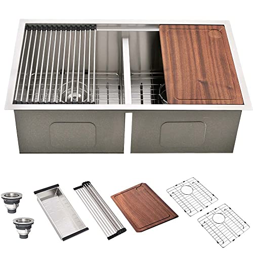 33 Inch Undermount Double Bowl Kitchen Sink Workstation- Wesliv 33x19 Stainless Steel Undermount Kitchen Sink 50/50 Low Divide Double Bowl Kitchen Sink 16 Gauge Deep Ledge Workstation Sink