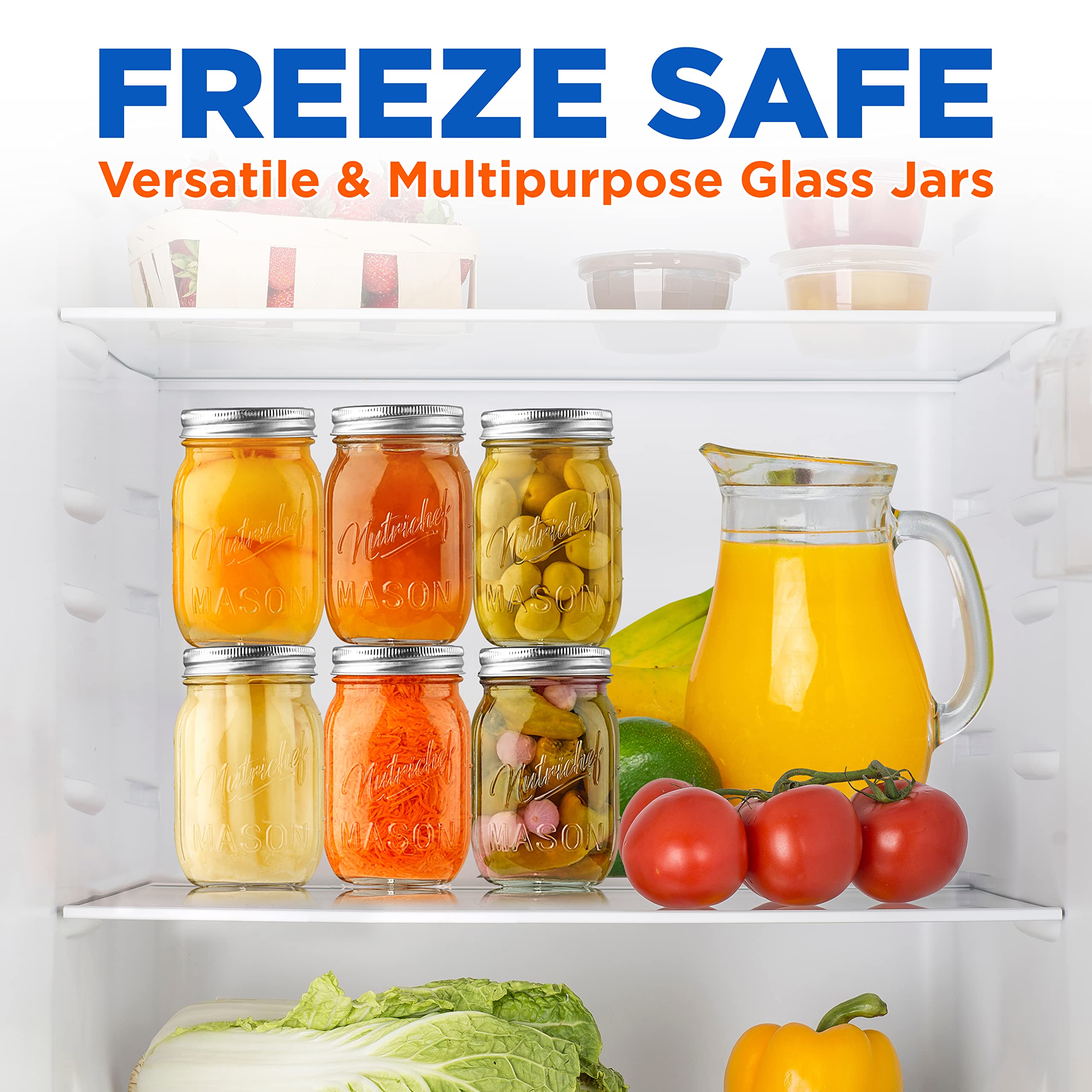 NutriChef 6-Pack 16 oz Mason Jars with Lids - Thick Glass Canning Jars with Stainless Steel Lids - Ideal for DIY Spices, Meal Prep, Overnight Oats, Jelly, Jam, Honey, Candles, Crafts, & More