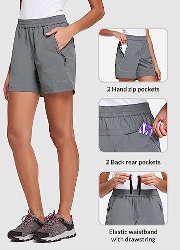 BALEAF Women's 5" Athletic Hiking Shorts Running Zipper Pockets Quick Dry Lightweight for Summer Golf Workout UPF 50+ Dark Grey Size L