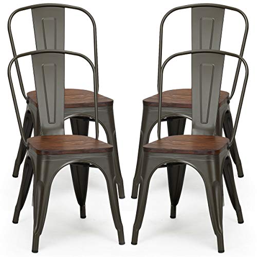 COSTWAY 18 Inch Dining Chair Set of 4, Industrial Vintage Stackable Metal Chairs, Counter Bar Chairs with High Backrest, Wood Seat, for Home, Kitchen and Cafe Bar Use
