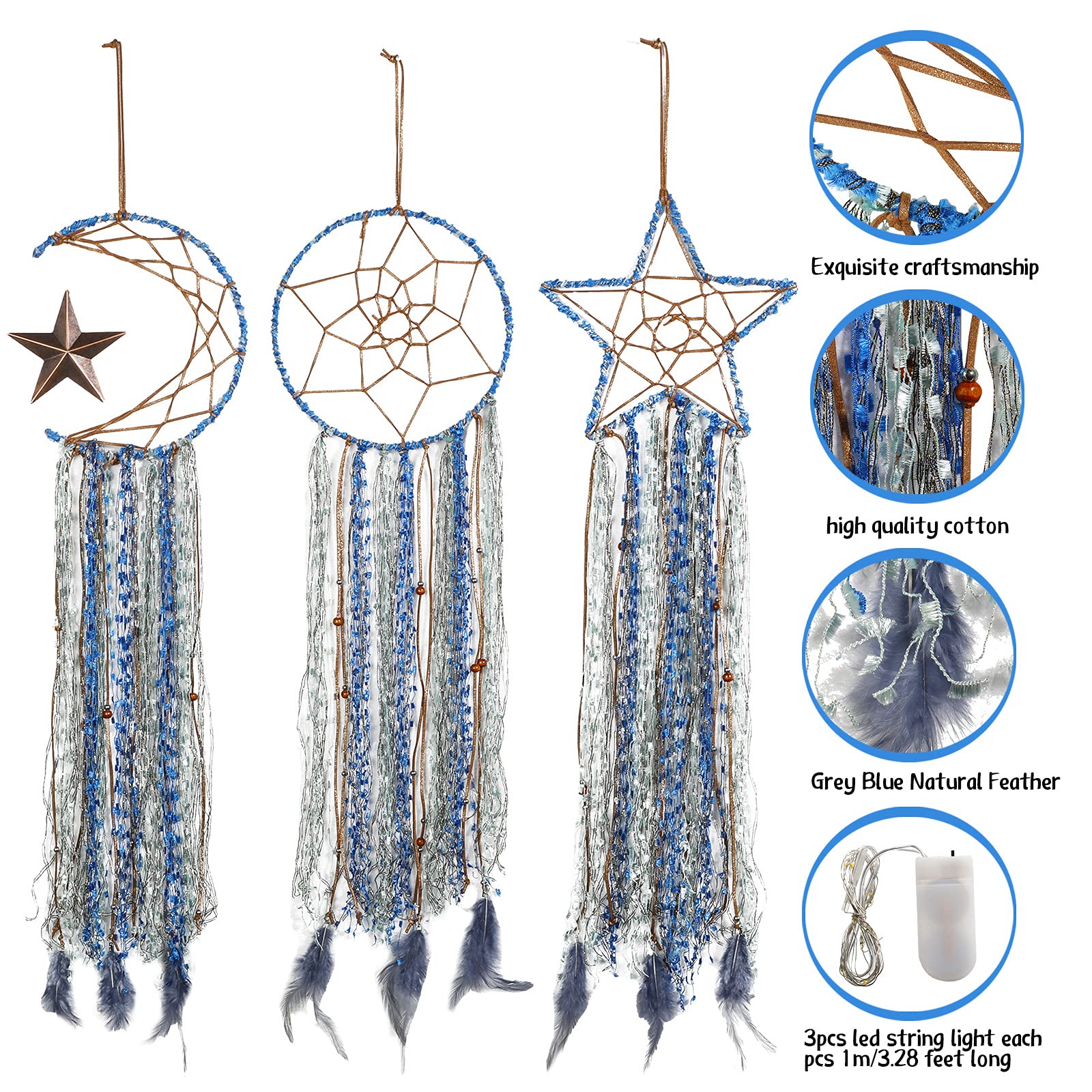 3 Pieces Dream Catcher Moon Sun Star Blue Design Handmade Modern Dreamcatcher with 3 LED String Lights for Bedroom Hanging Wall Home Decoration Ornament Festival Present