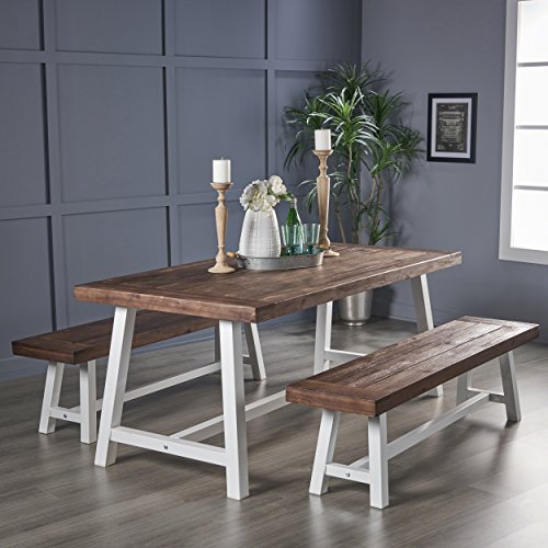 GDFStudio Cytheria Indoor Farmhouse 3 Piece Acacia Wood Picnic Set Finish Frame, Sandblast Dark Brown + White Rustic Metal