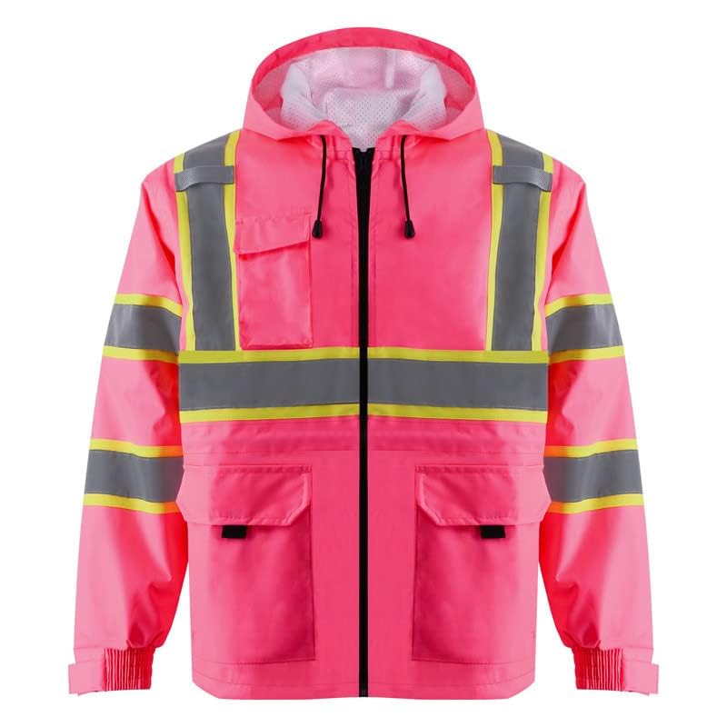 ZUJA High Visibility Bomber Safety Jacket ANSI Class 3 Reflective Jacket Pocket and Zipper Reflective Hoodie Windproof Hi Vis Rain Jacket for Men & Women (Pink, M)