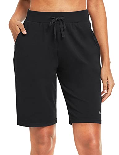BALEAF Womens Exercise,Basketball,Fitness,Jogging,Walking,Running,Workout,Gym,Yoga Sweat Shorts Long Cotton Bermuda Summer Casual Drawstring Shorts with Pockets, Medium, Black