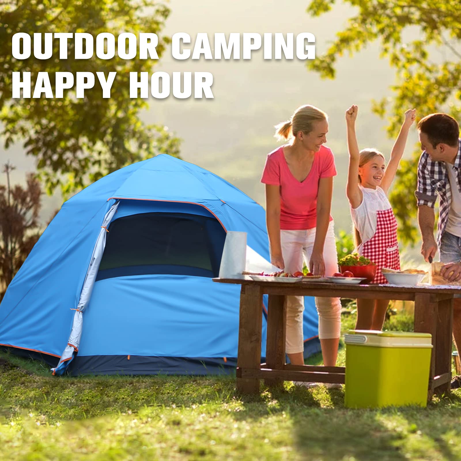 3-4-Person Waterproof Pop up Camping Tent with Rainfly Instant Tent Portable with Carring Bag (Blue)