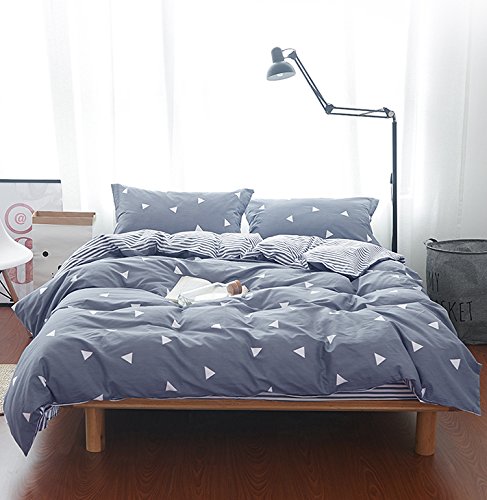 3 Pieces Duvet Cover Set Blue Gray with White Triangles - Ultra Soft and Easy Care Design Summer Bedding Duvet Cover Queen Size 90x90+ 2 Pillow Shams- 800 TC with Zipper Closure 4 Corner Ties
