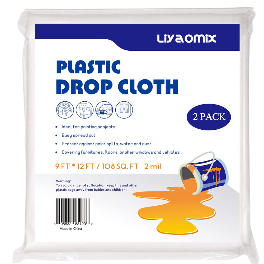 Liyaomix 2-Pack 2 Mil Plastic Drop Cloth for Painting 9ft x 12ft, Heavy Duty Plastic Painters Drop Sheet, Waterproof Plastic Painting Tarp for Floor Covering