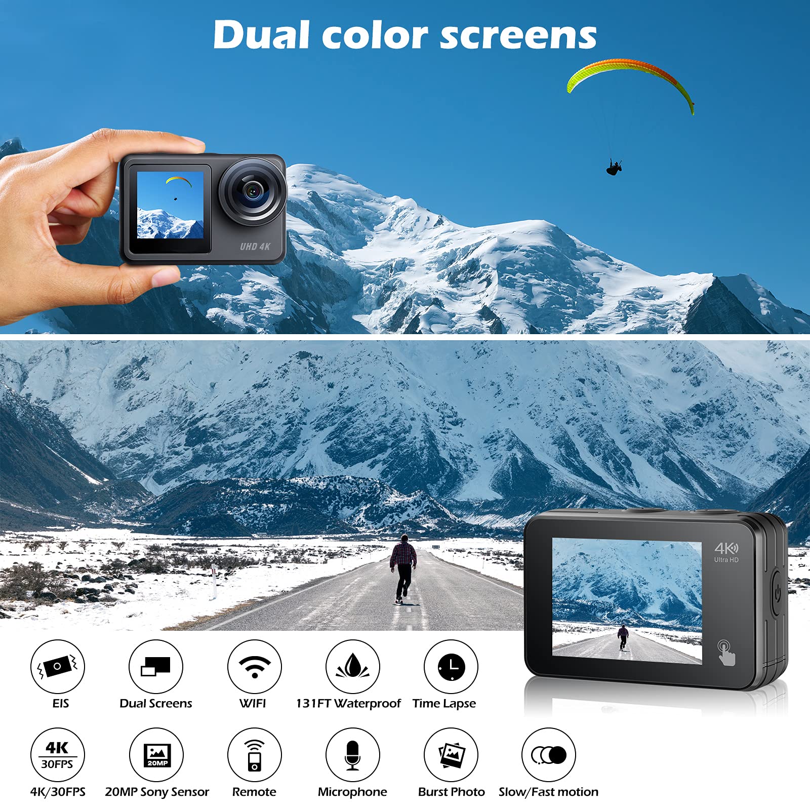 4K 20MP Action Camera Dual Screen 40M Waterproof Underwater Camera, WiFi Sports Camera, PC Webcam with EIS Remote Control, Charger and 2X 1350 Batteries