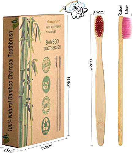 Sumshy 10 Color Soft Bristles Natural Bamboo Toothbrushes Set, Premium BPA Free for Best Clean, Eco-Friendly, Plastic-Free, Vegan, Biodegradable & Compostable Charcoal Wooden Toothbrush