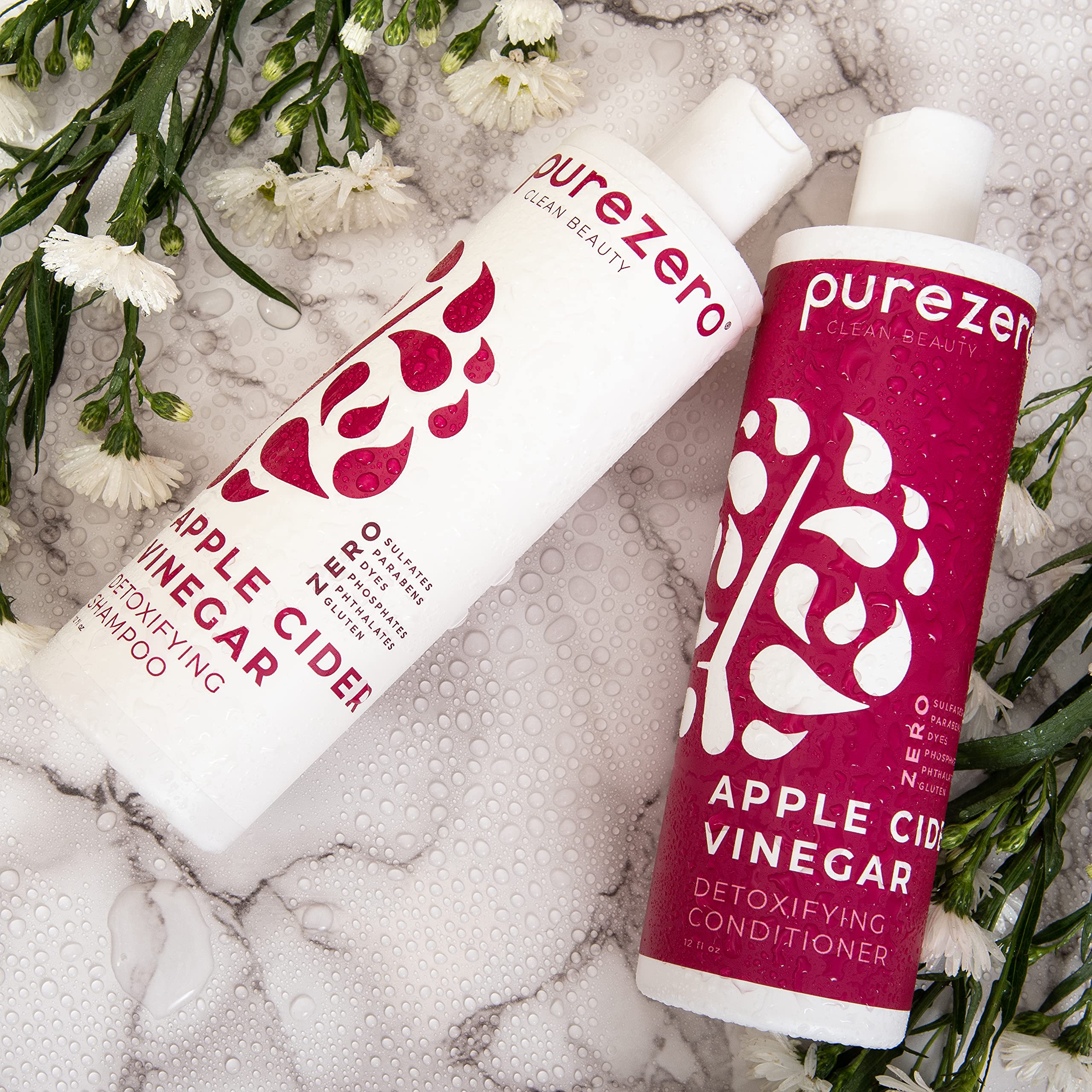 Purezero Apple Cider Vinegar Shampoo & Conditioner Set - Detox Scalp & Hair - pH balanced -Increase Hydration - Zero Sulfates, Parabens, Dyes - 100% Vegan & Cruelty Free - Great For Color Treated Hair