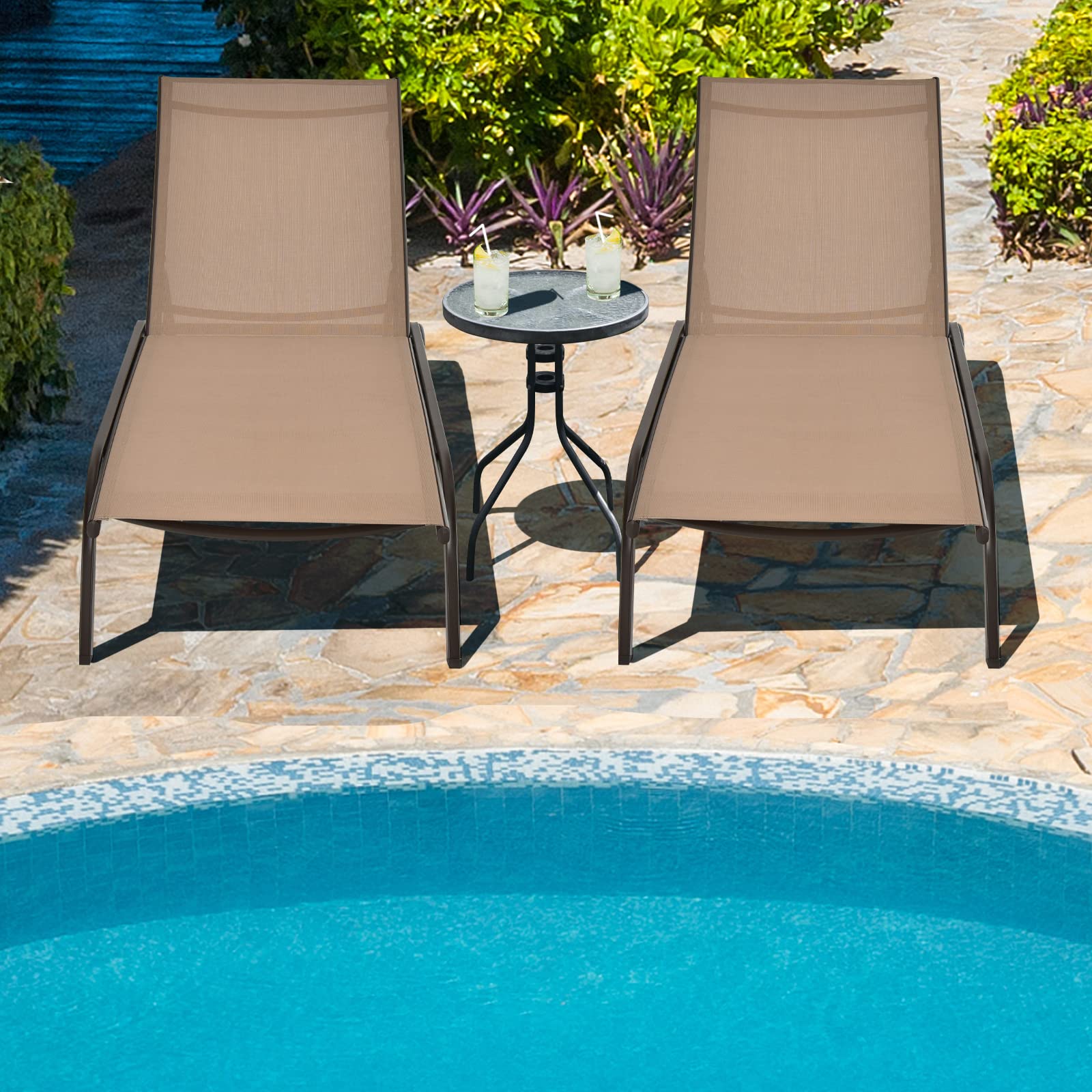 Giantex Patio Lounge Chairs for Pool Area, Outdoor Chaise Lounger with 6 Adjustable Position Smooth Wheels and Quick-Drying Fabric, Lawn Recliner for Backyard, Garden Sunbathing Chair (2, Brown)
