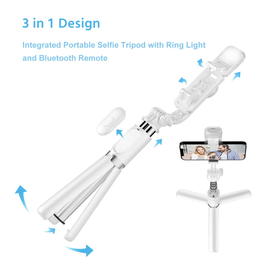Ambertronix 40" Lighted Selfie Stick Tripod, Removable Bluetooth Remote, 3 Light Modes, 6 Brightness Levels, Lightweight, Portable, Compatible with All iPhone & Android Devices, White (2022Upgrade)