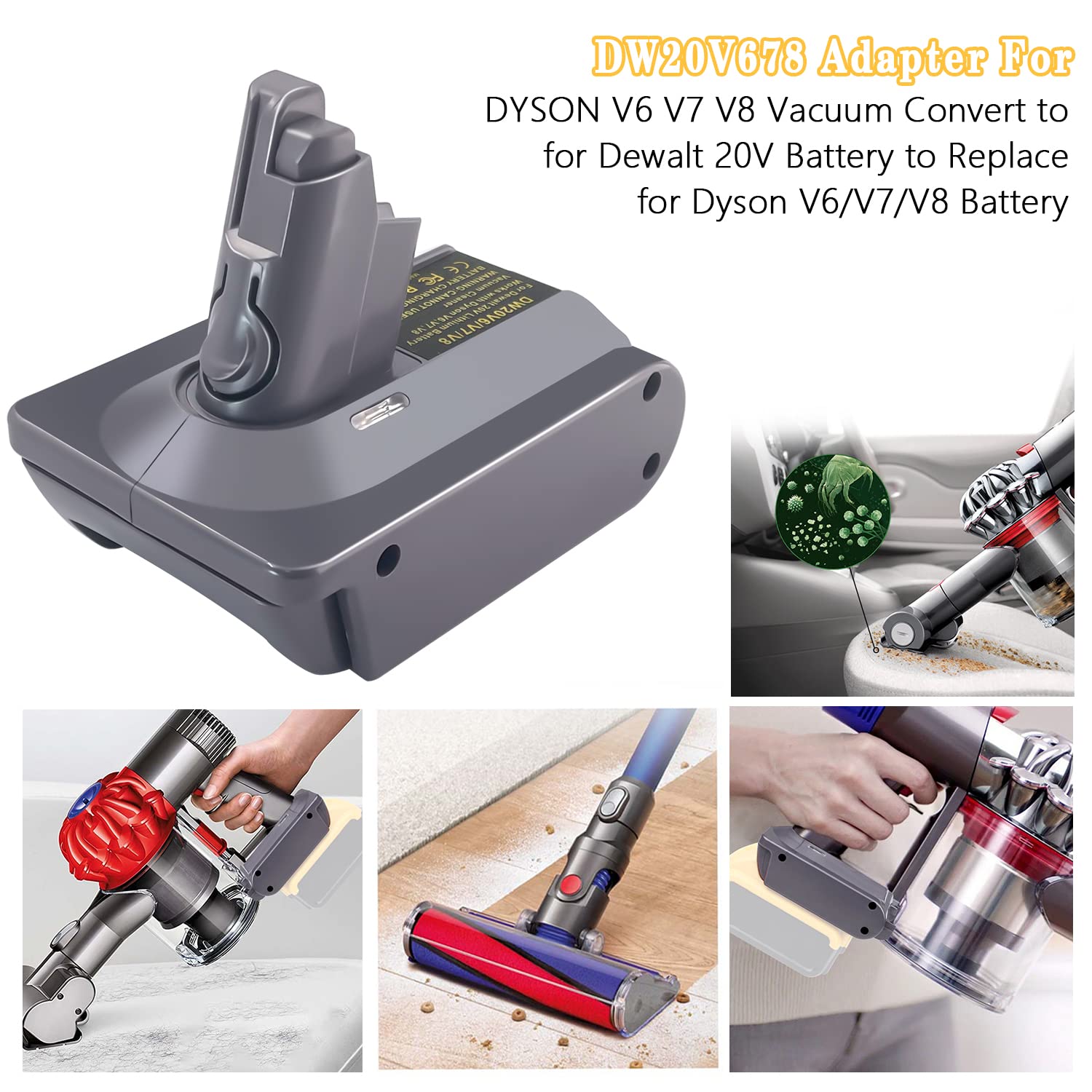 3-in-1 Battery Adapter for Dewalt 20V 60V Lithium Battery Convert to for Dyson V6/V7/V8 SV11 Series Vacuum Cleaners Animal Absolute Fluffy HEPA Cordless Stick Converter