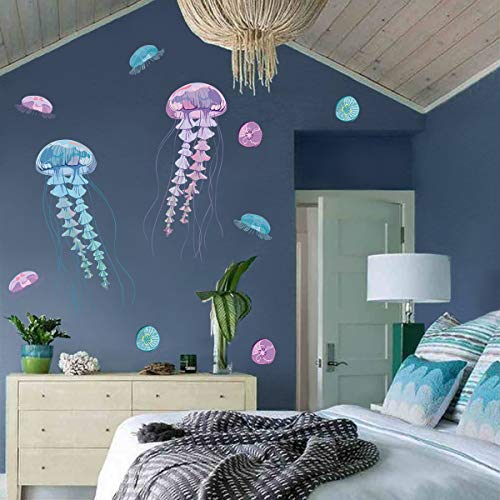 decalmile Large Jellyfish Wall Stickers Ocean Underwater Fish Wall Decals Girls Bedroom Nursery Bathroom Wall Decor(Jellyfish Size: 29"H x 17" W))