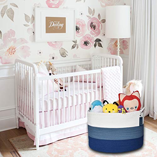 COMSE Extra Large Blanket Basket, Storage Basket, Laundry Basket, 21.7βx 13.8β, Laundry Hamper, Cotton Rope Basket, Blanket Basket Living Room, Toy Basket (White & Cadet Blue & Navy Blue)