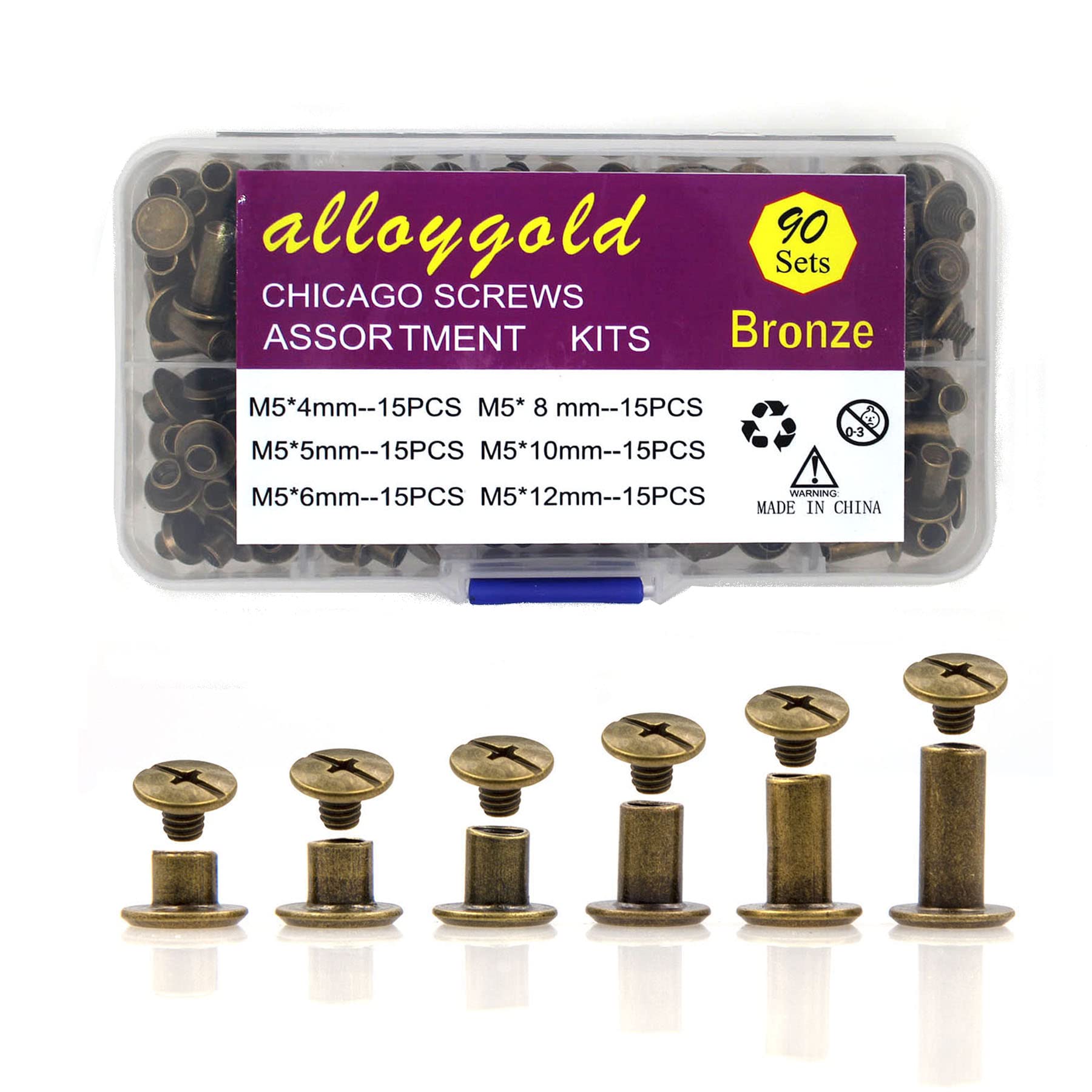90 Sets Bronze Chicago Screws Leather Assorted Kit ,6 Sizes of Screw Rivets for Leather Rivet for DIY Leather Craft and Bookbinding (M5 X 4, 5, 6, 8, 10, 12)