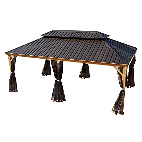 Apollo Wood Look Aluminum Hardtop Gazebo with Galvanized Steel Roof and Mosquito Net (12ft x 20ft)