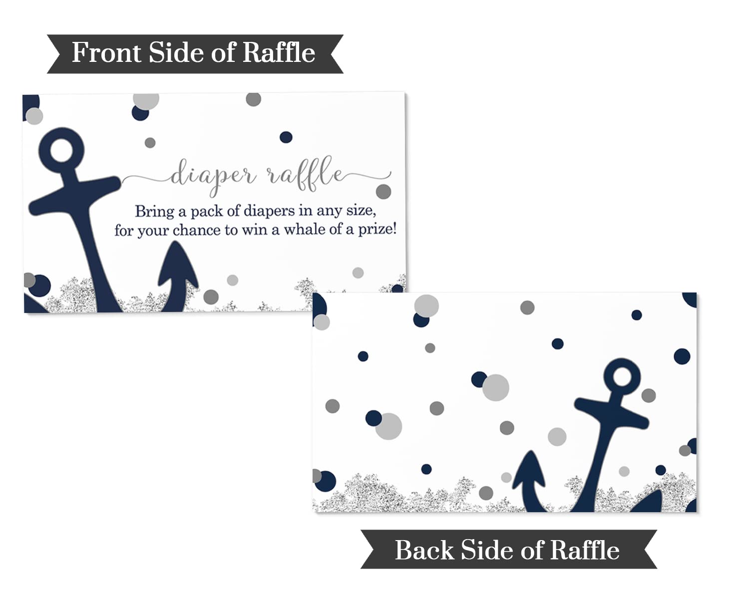 Paper Clever Party Nautical Diaper Raffle Tickets (25 Pack) Boys Baby Shower Games - Invitation Insert - Fill-In Cards for Prize Drawing Activity - Navy and Silver - 2x4 Size Set