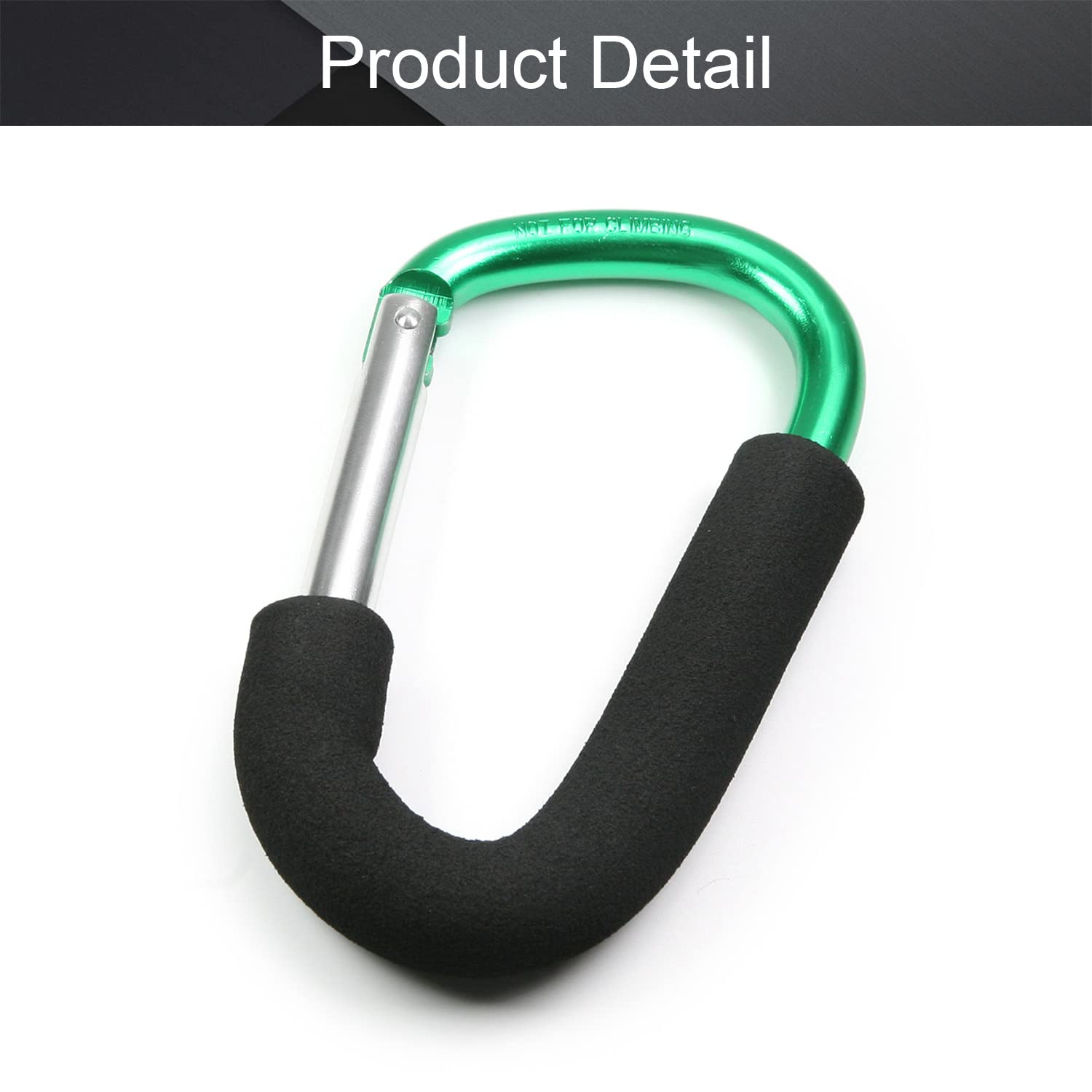 MroMax 1PC Stroller Hooks, 5.5inches Carabiner Clip, Green Easier Travel Hook, Dog Stroller Leash Hook, Soft Foam Grip, Purse Holder, Large Clips for Hanging Bags, Backpack, Diaper Organizer