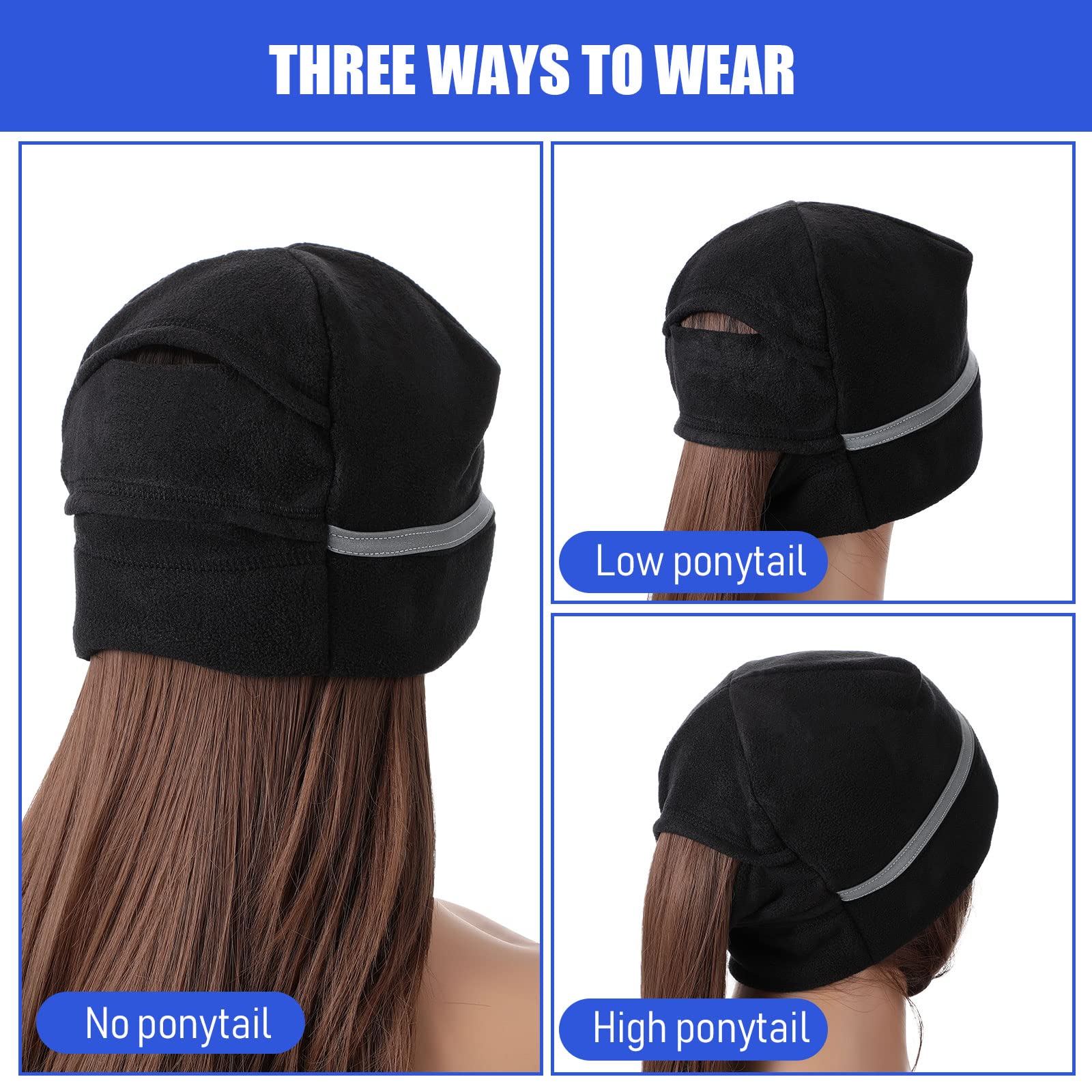 3 Pieces Reflective Fleece Running Ponytail Hat Women Safety Beanie with Ear Covers Cold Weather Skull Cap (Black, Dark Grey, Navy Blue)
