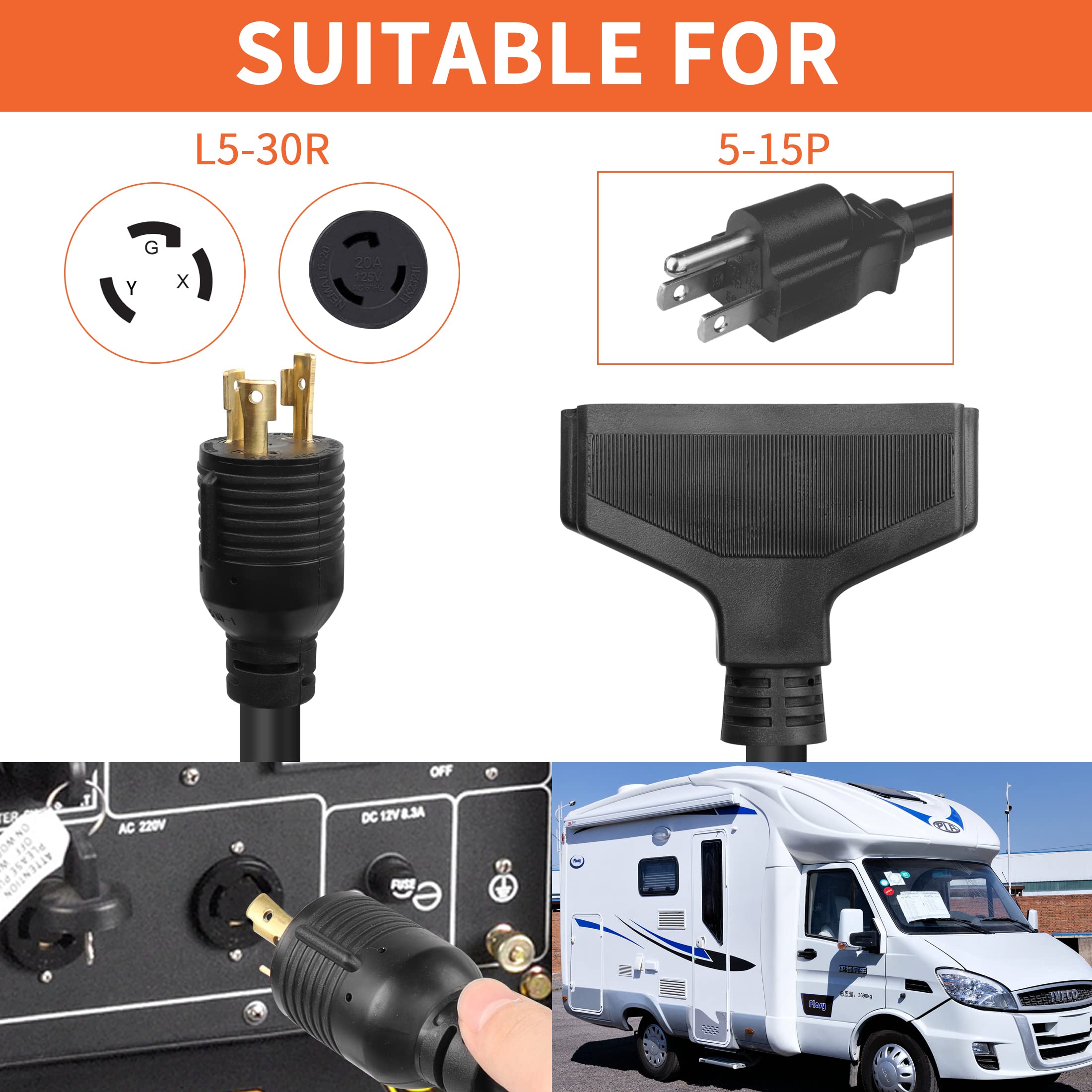 30Amp Generator Power Cord YACSEJAO 1.5FT 10AWG NEMA L5-30P to 3 Outlet 5-15R Female 30 Amp to 15 Amp Generator Adapter Cable with Twist Lock