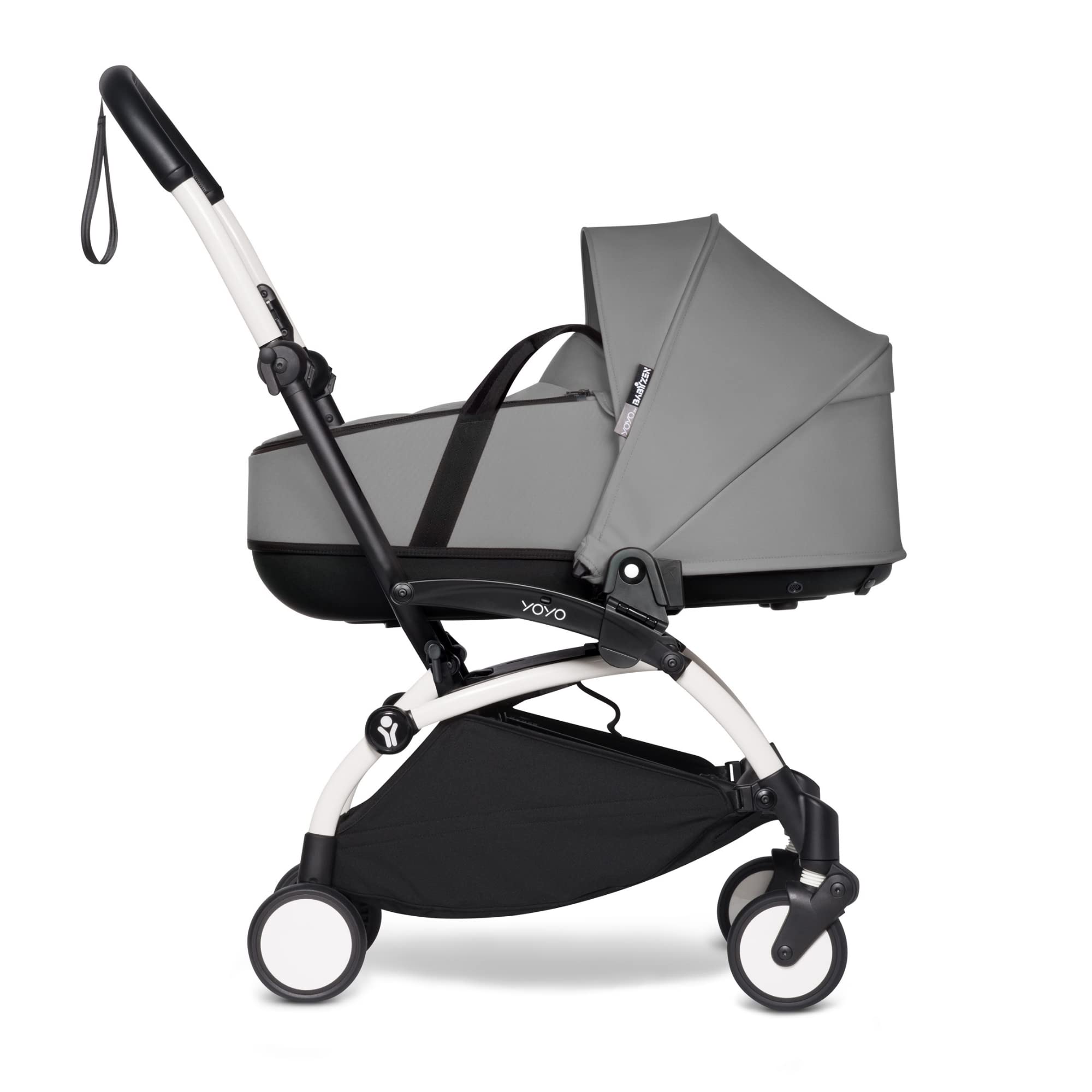 BABYZEN YOYO2 White Frame + Grey Bassinet - Includes Thick Double Mattress, Ventilated Shell & Canopy