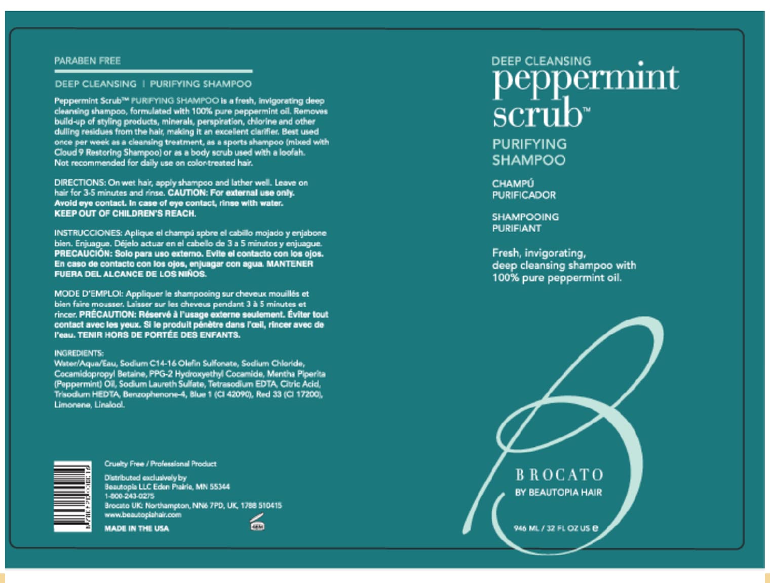 Brocato Peppermint Scrub Purifying Shampoo: Lightweight with Pure Peppermint Oil, Ideal for Oily to Normal Hair Types - Sulfate & Paraben Free, 32oz