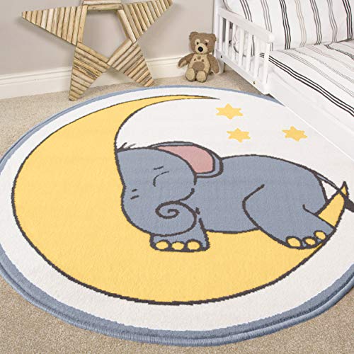 Nursery Style Elephant, Moon and Stars Kids Baby Room Childrens Floor Area Rug Mat 3'11" (120cm) Diameter