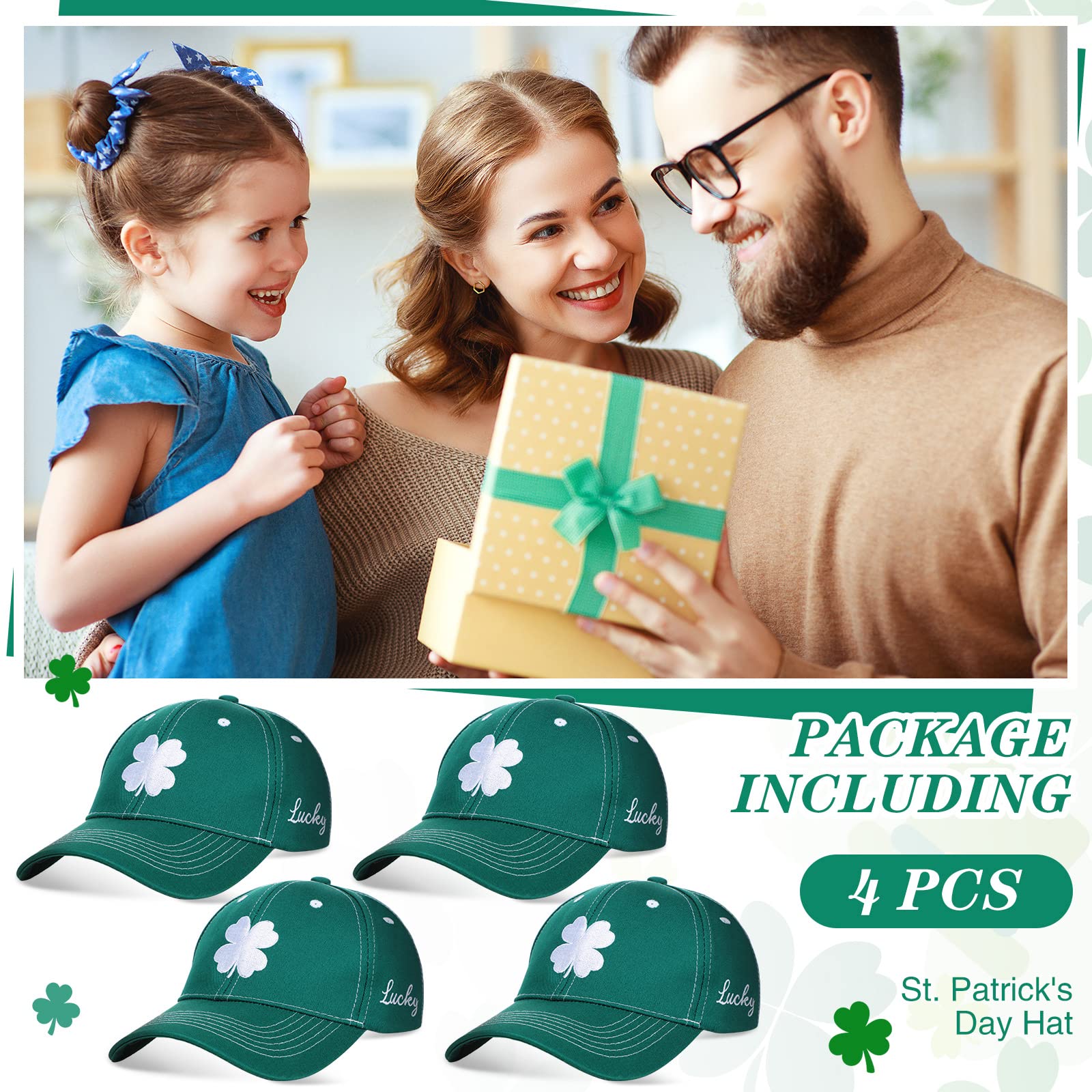 4 Pcs St. Patrick's Day Baseball Hat Shamrock Baseball Cap Irish Hat Clover Embroidered Hat Irish Gifts for Men Women (White)