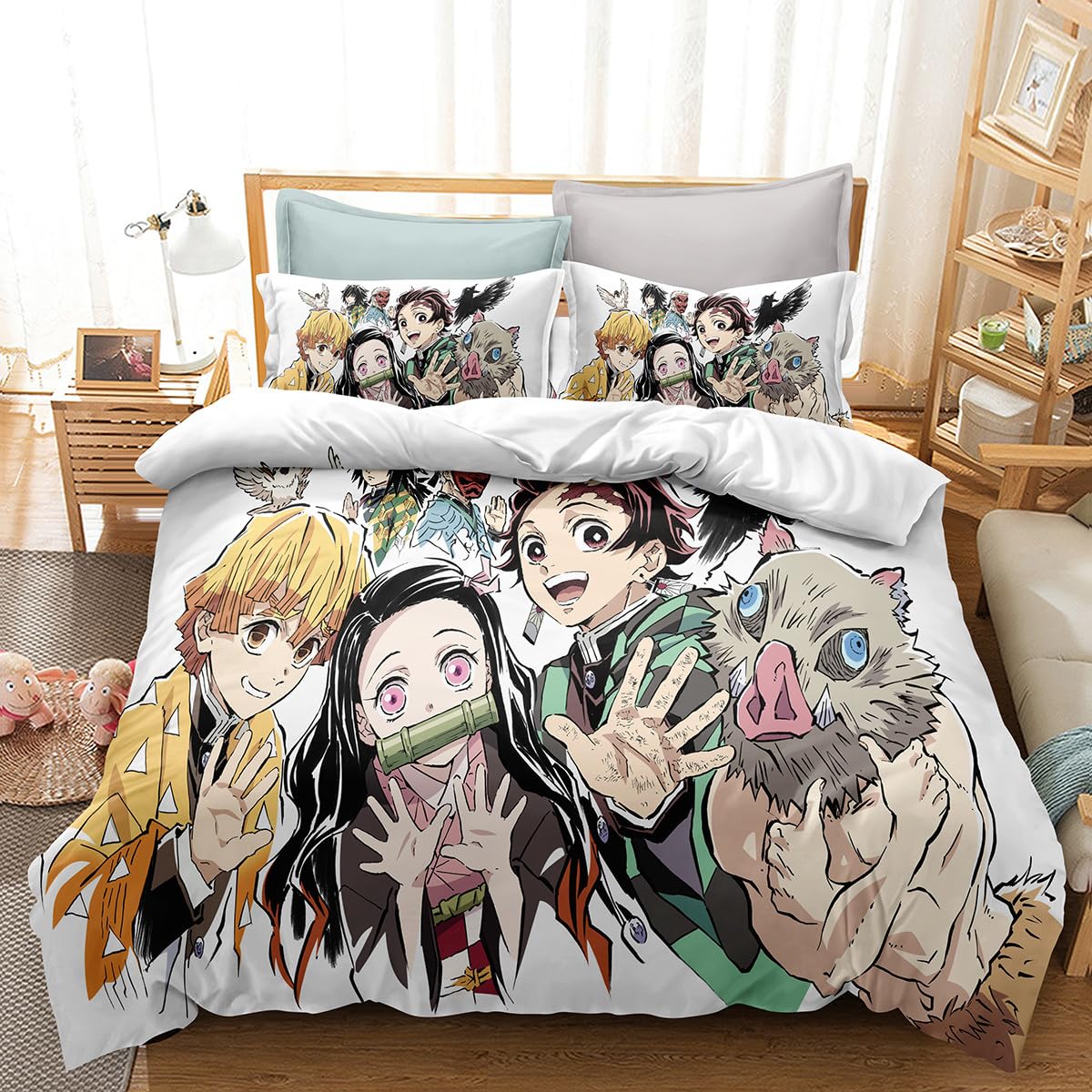 LJHWUY Duvet Cover Set Anime Demon Slayer Soft Printed Bed Comforter Cover Easy Care and Soft Hand Feel Bedding Set with 2 Pillowcases, Twin