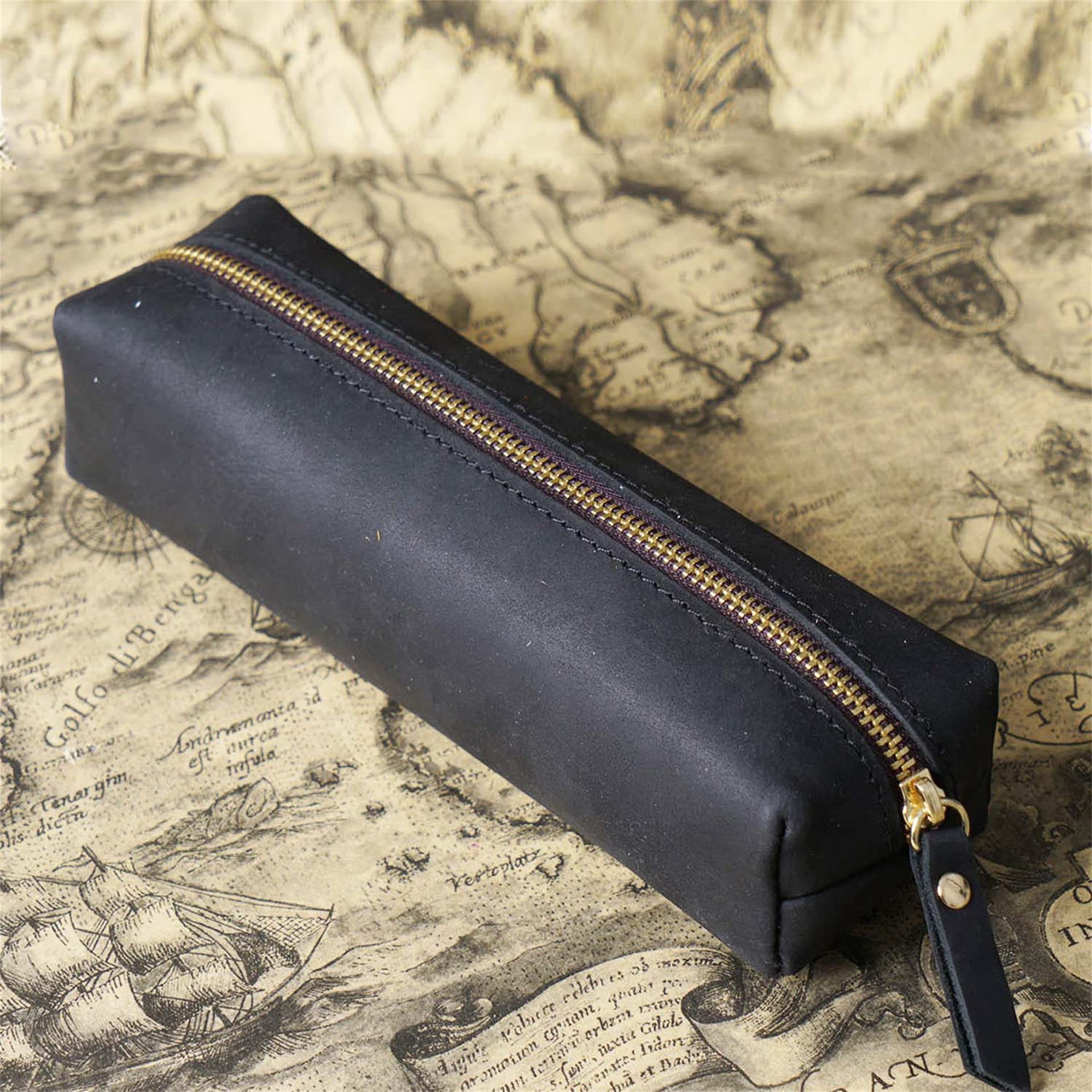 AIGUONIU Retro Leather Retro First Layer Cowhide Stationery Box Pencil Case Coin Purse Pen Case Storage Bag (Green)