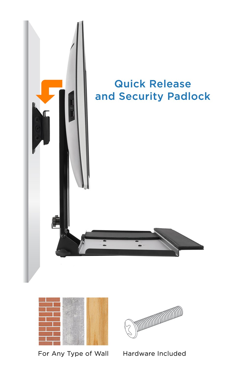 Mount-It! Monitor and Keyboard Wall Mount with CPU Holder, Height Adjustable Standing VESA Keyboard Tray, 25 Inch Wide Platform with Mouse Pad (MI-7919)