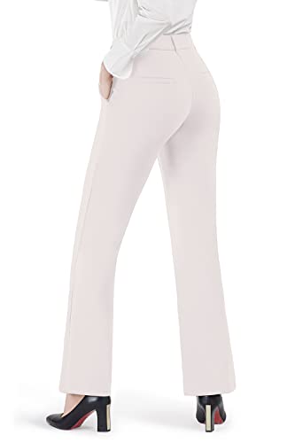 Bamans Dress Pants 30"/32"/34" for Women Bootcut Stretch Work Pants Belt-Loop Bootleg Yoga Pants with Pockets(Beige,Medium,A32 Inseam)