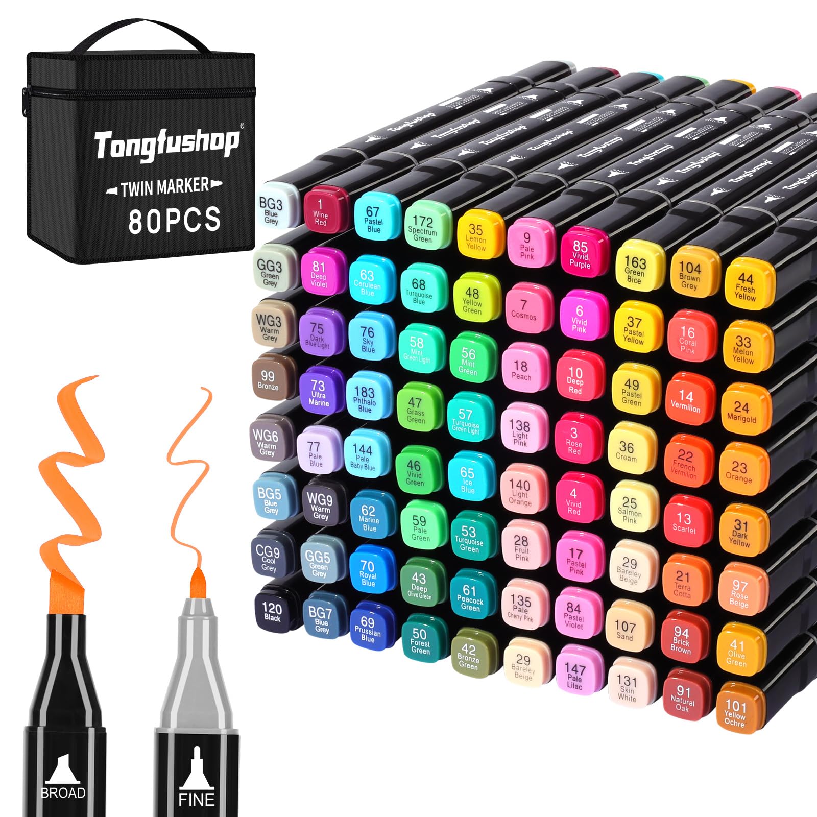 Tongfushop 80 Colors Alcohol Markers, Double Tip Blender Art Drawing Markers Set, Professional Permanent Sketch Markers for Artist Adult Coloring Illustrations with Organizing Case, Pad