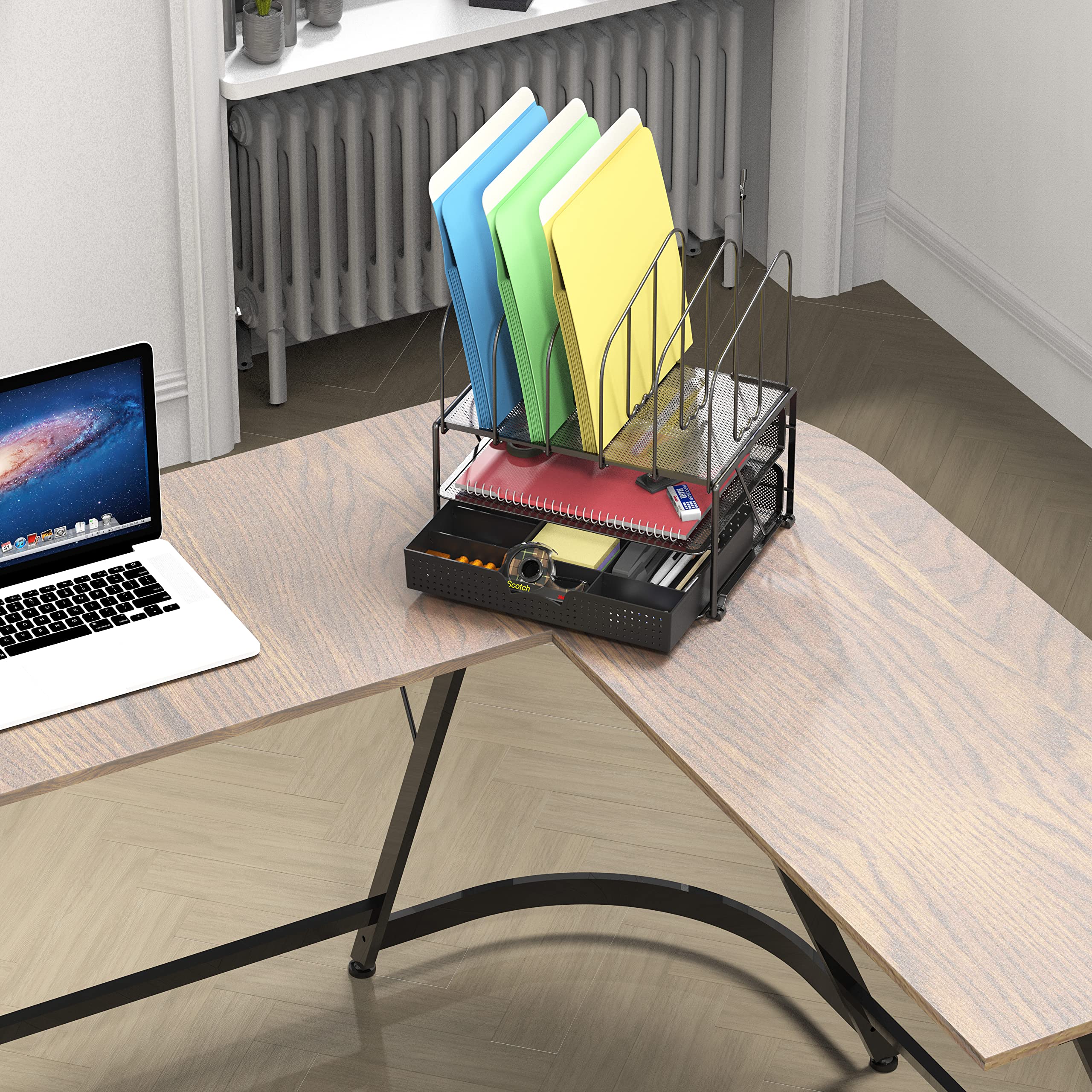 DecoBros Mesh Desk Organizer with Double Tray, 5 Upright Sections and Sliding Drawer, Black